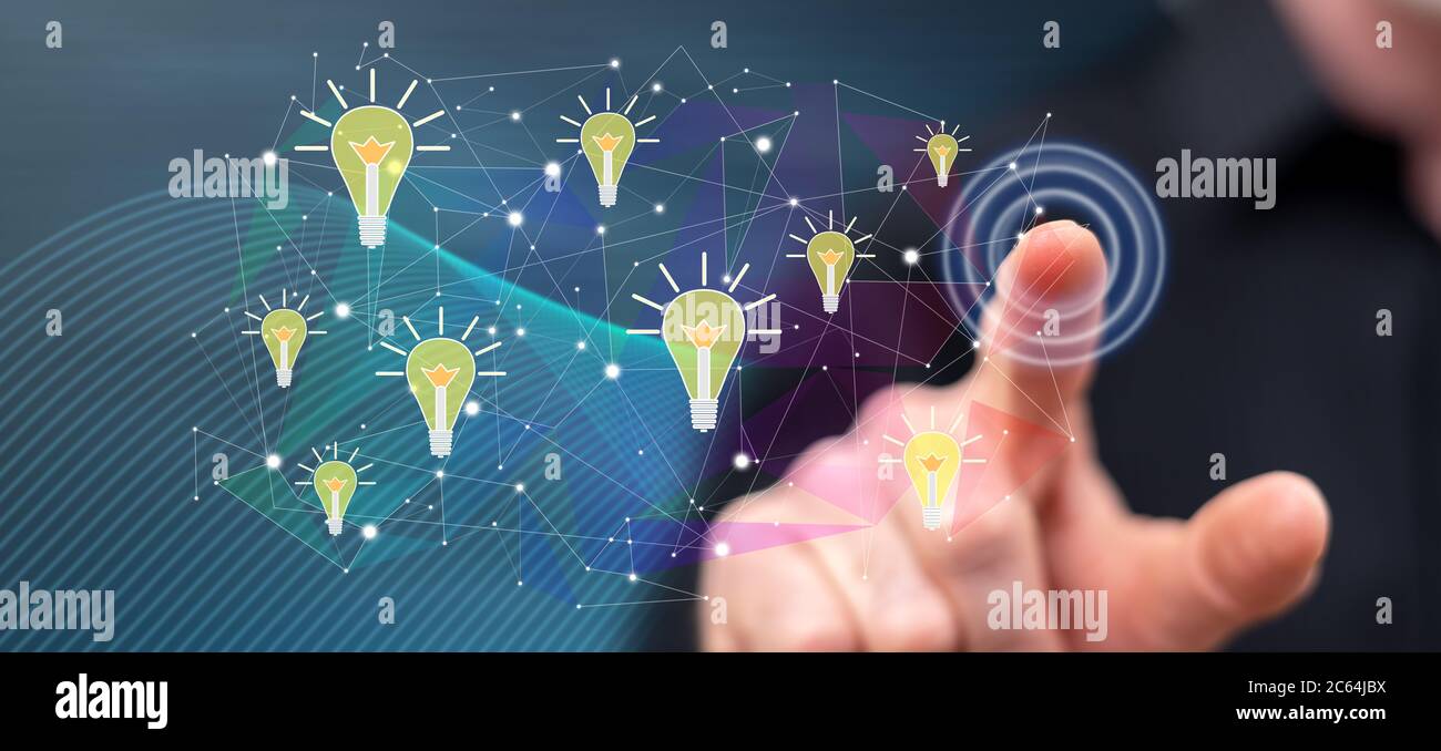 Man touching an innovation concept on a touch screen with his finger ...