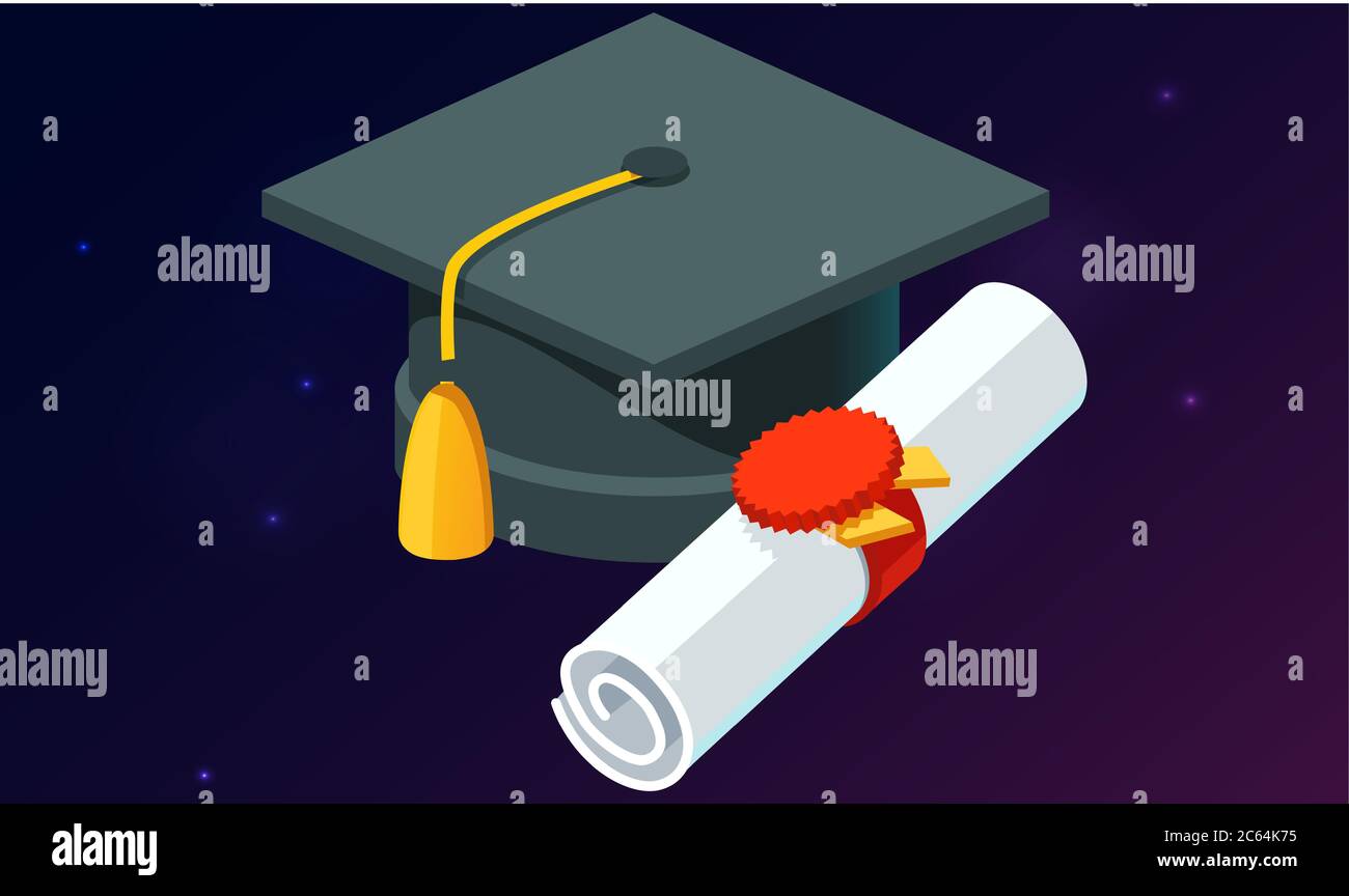 mock up illustration of graduation cap and certificate on abstract ...