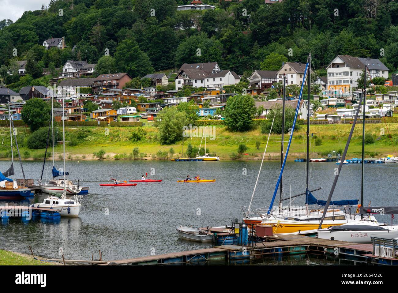 Rursee lake, a reservoir, the village of Woffelsbach, camping ground ...