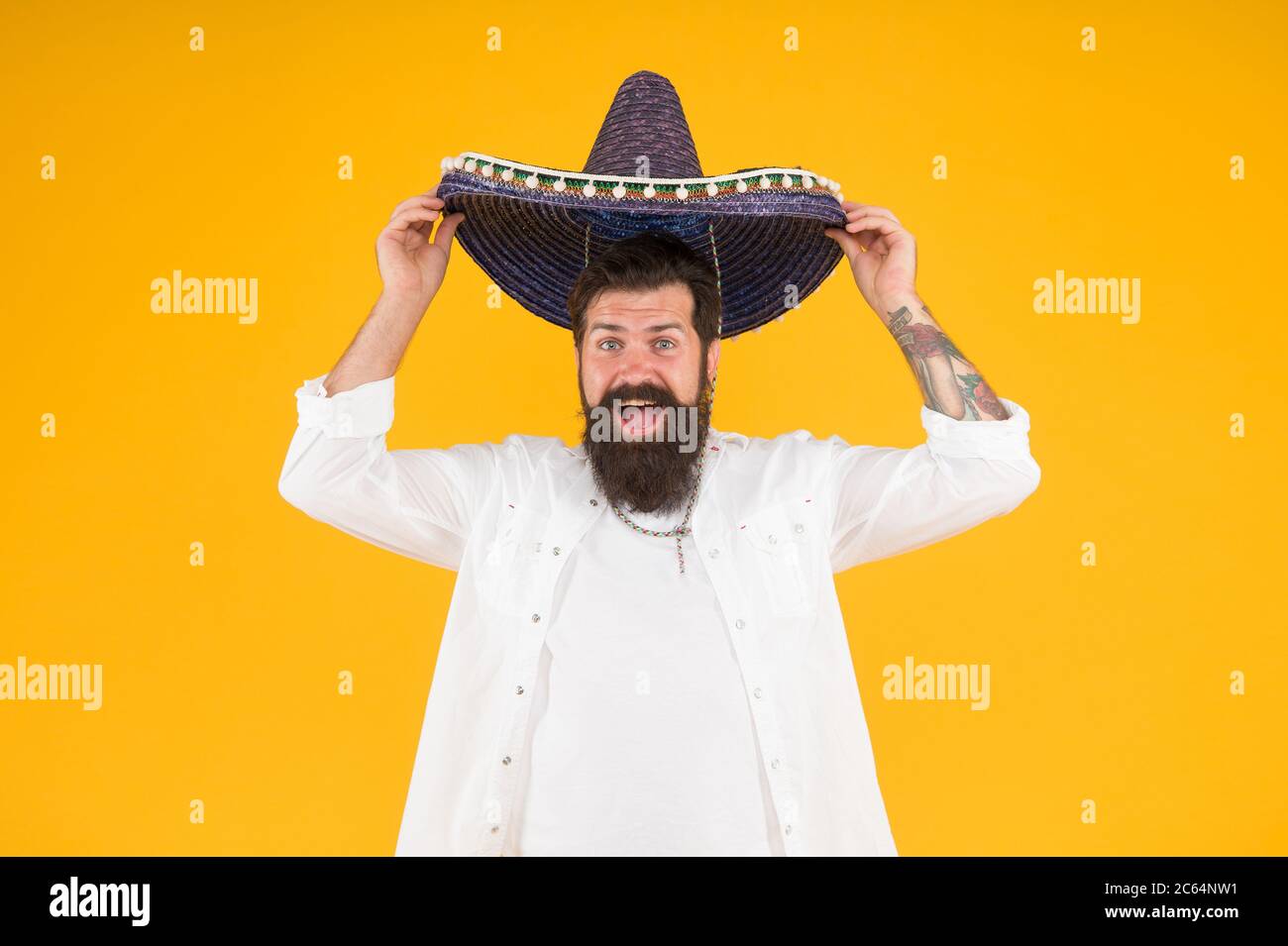 Summer festival. National holidays. Mexican hat sombrero. Guy happy ...