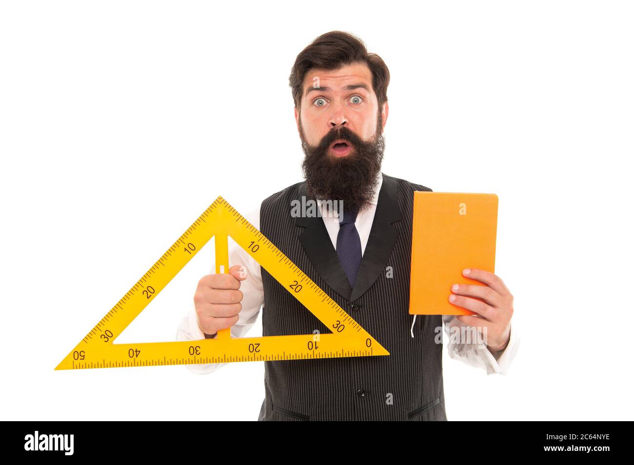 Wow. Surprised engineer isolated on white. Engineer hold triangle and ...
