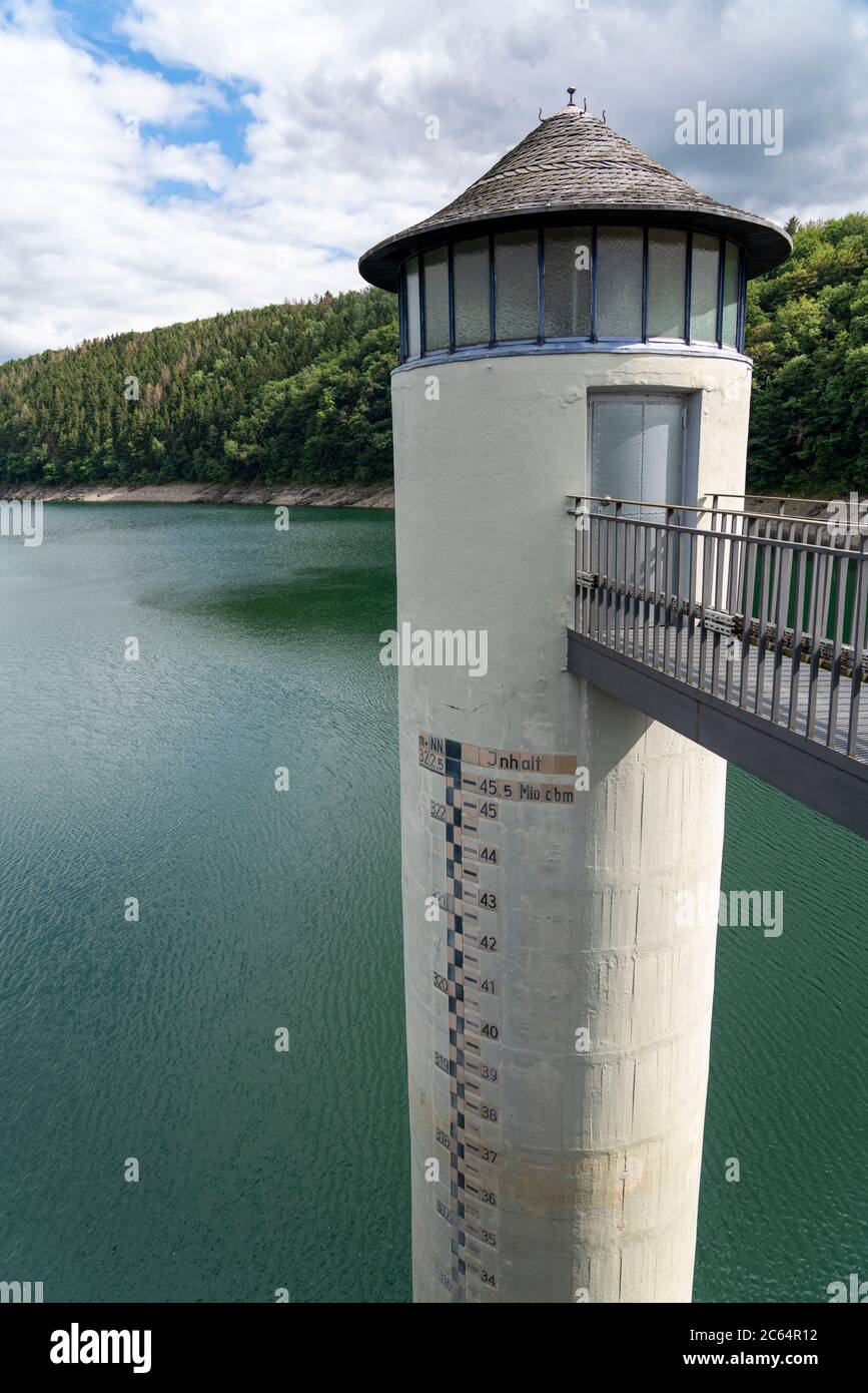 Dam of the Urfttalsperre, bottom outlet tower, merges into the Rursee ...