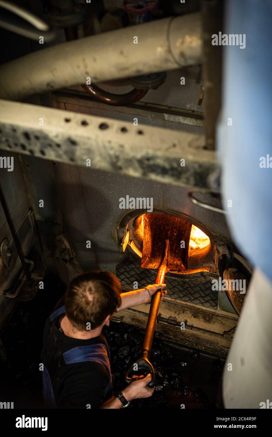 A worker insert a coal inside the engine of coaled power steam ship ...