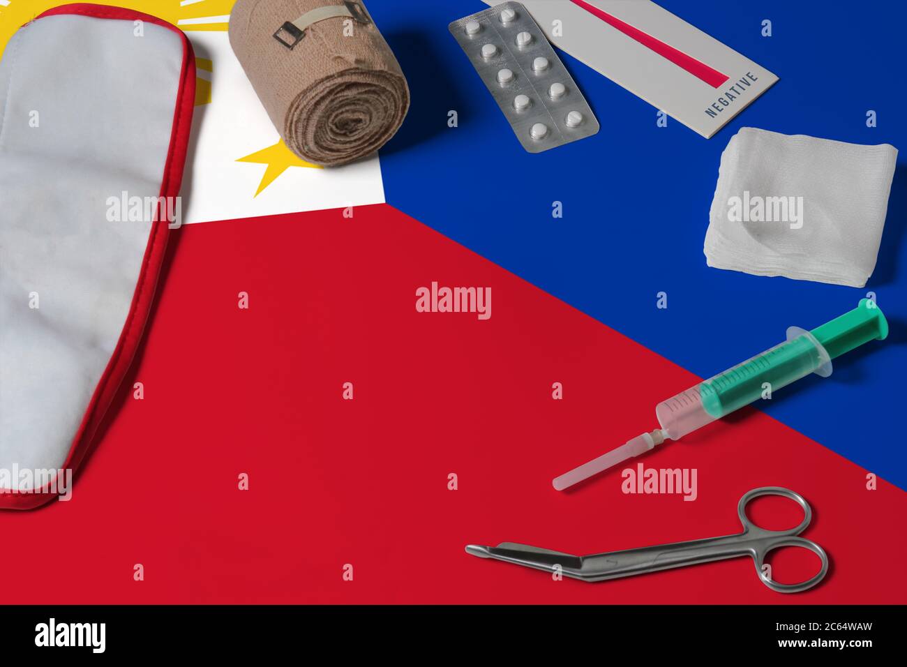Philippines flag with first aid medical kit on wooden table background ...