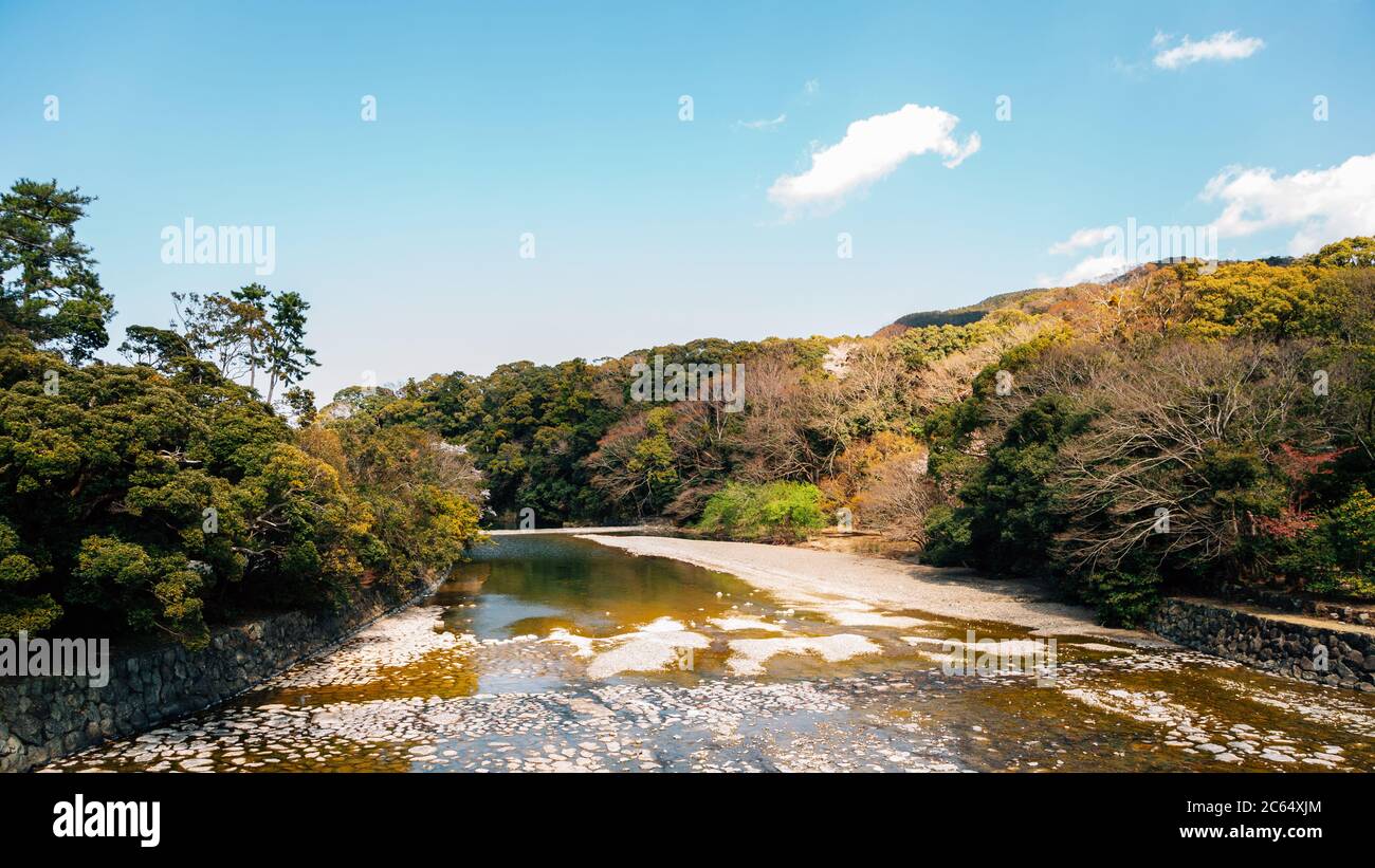 Isuzu River and mountain at spring in Ise, Mie, Japan Stock Photo - Alamy