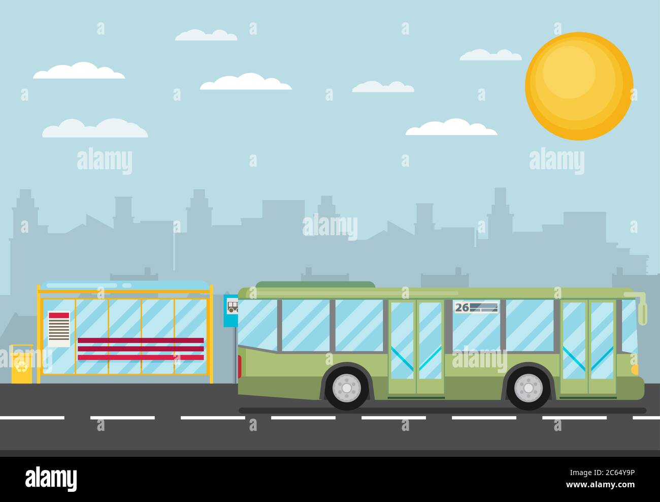 Vector Illustration of Bus Stop with City Skyline and Bus. Flat Design ...