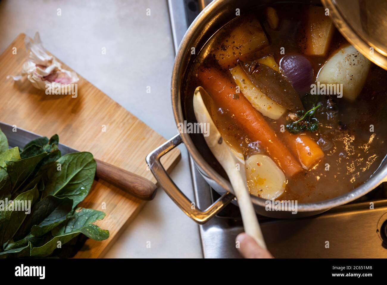 High angle close up of pot of vegetable stew Stock Photo - Alamy