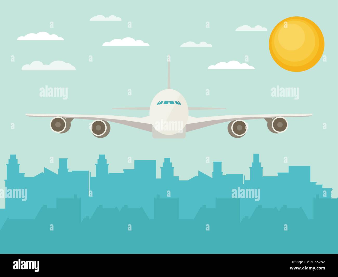 Plane flying over urban city. Vector illustration Stock Vector Image ...