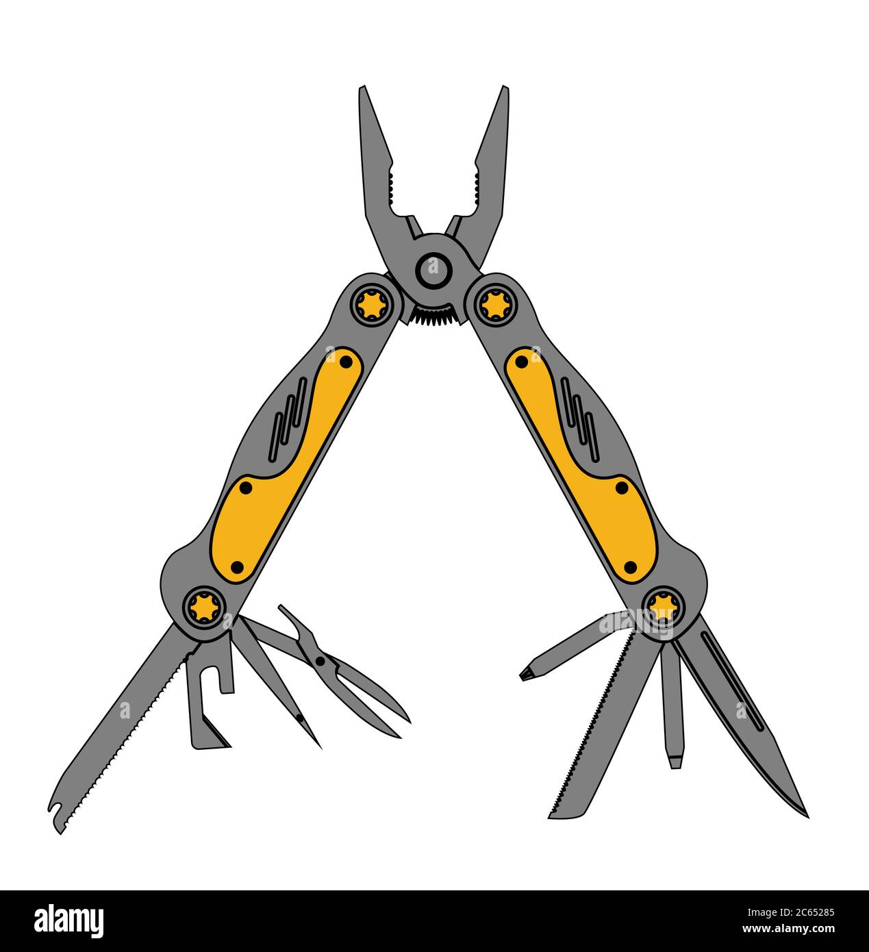 Stainless steel multifunctional pocket multi tool instrument. Flat illustration isolated on ...