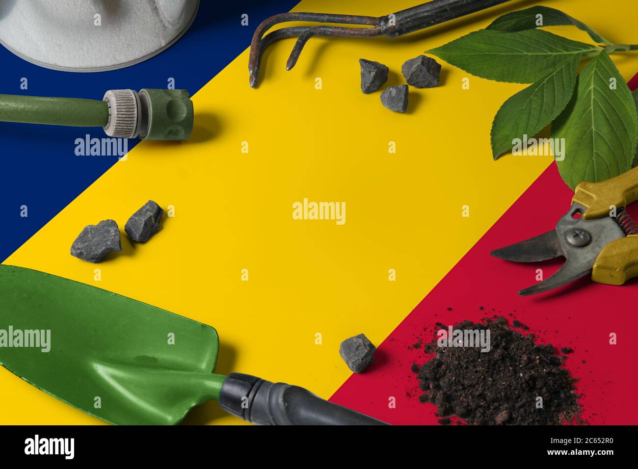 Chad flag with gardening tools background on table. Spring in the ...