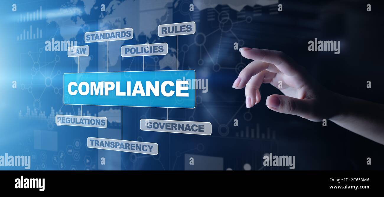 Compliance concept with icons and text. Regulations, law, standards ...