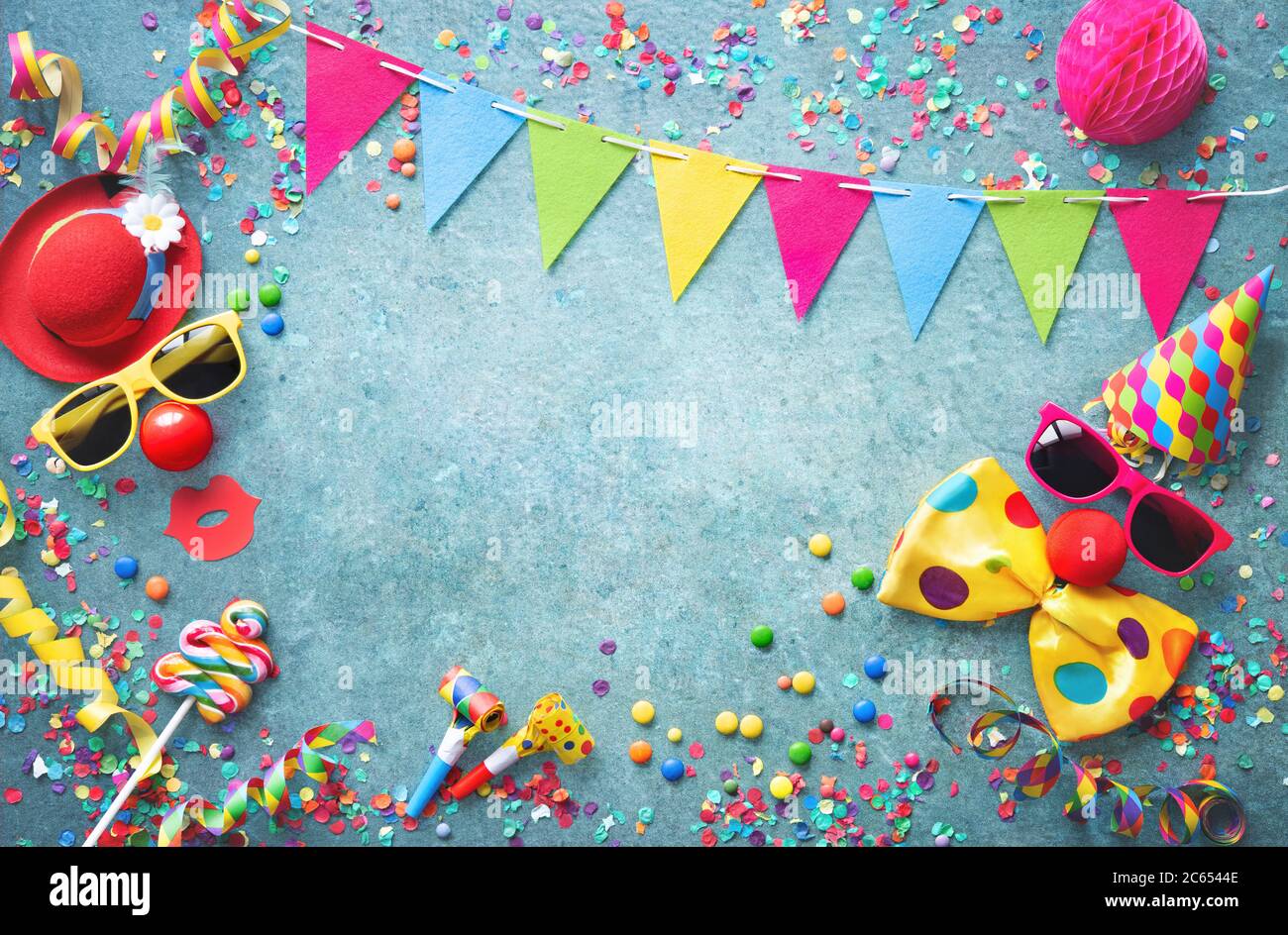 Colorful carnival or party background streamers and confetti and funny ...