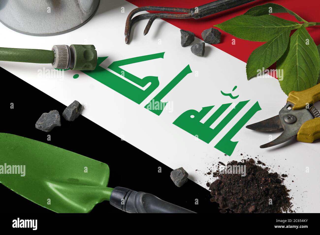 Iraq flag with gardening tools background on table. Spring in the ...