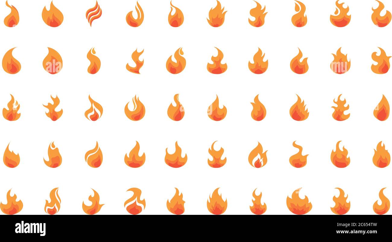 fire flame burning hot glow flat design icons set white background ...