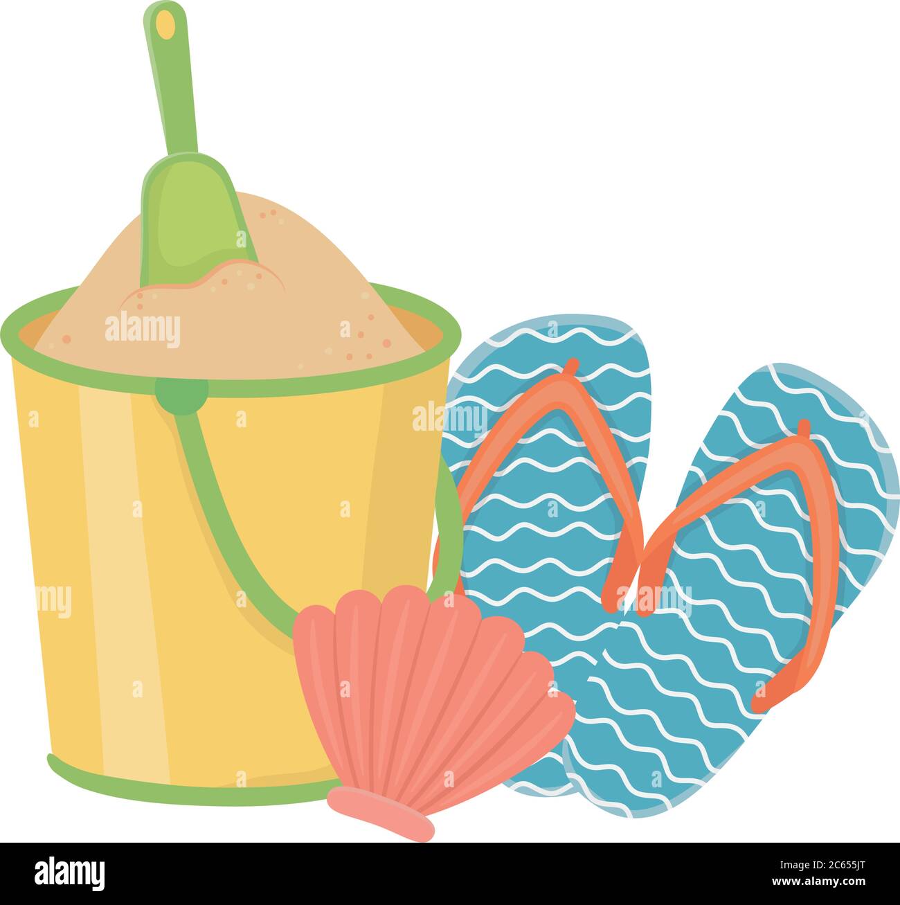 summer travel and vacation bucket shovel sand flip flops and shell ...