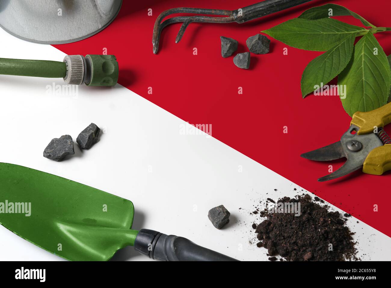 Monaco flag with gardening tools background on table. Spring in the ...