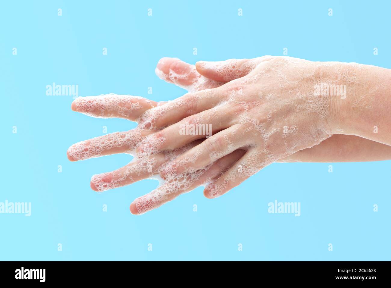 Washing hands with soap to prevent germs, bacteria or viruses. Cleaning ...
