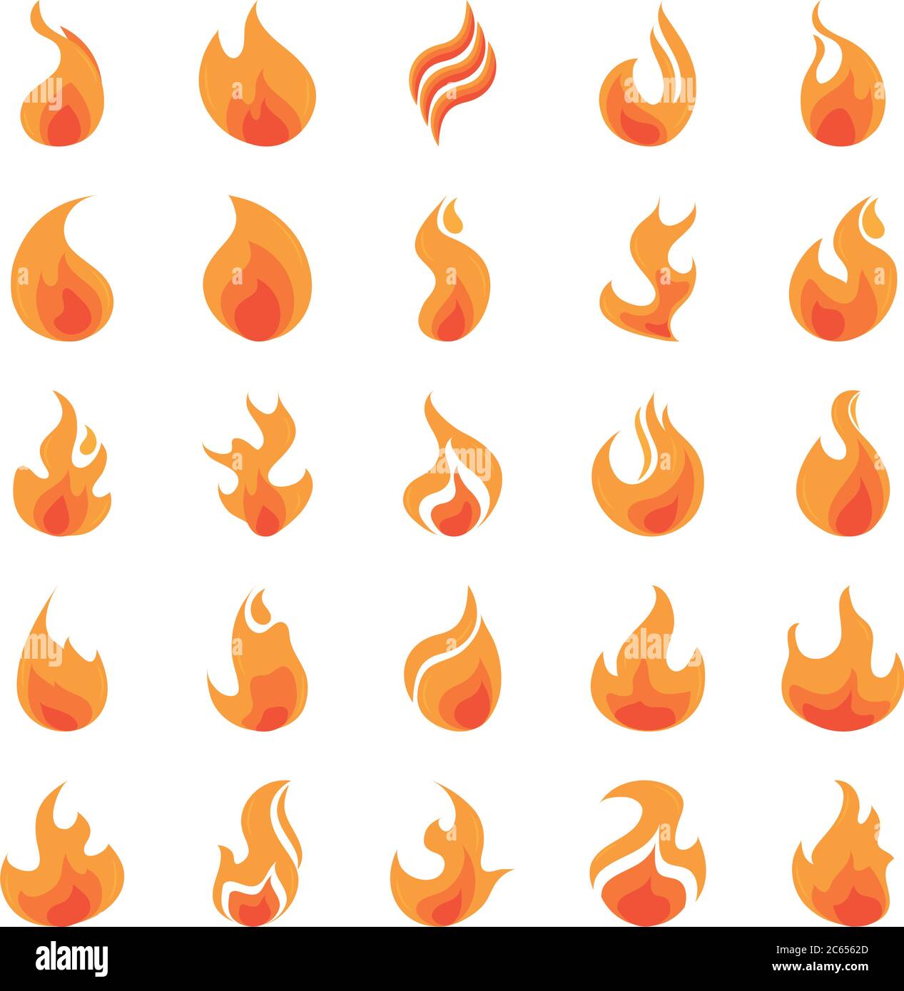 fire flame burning hot glow flat design icons set white background ...