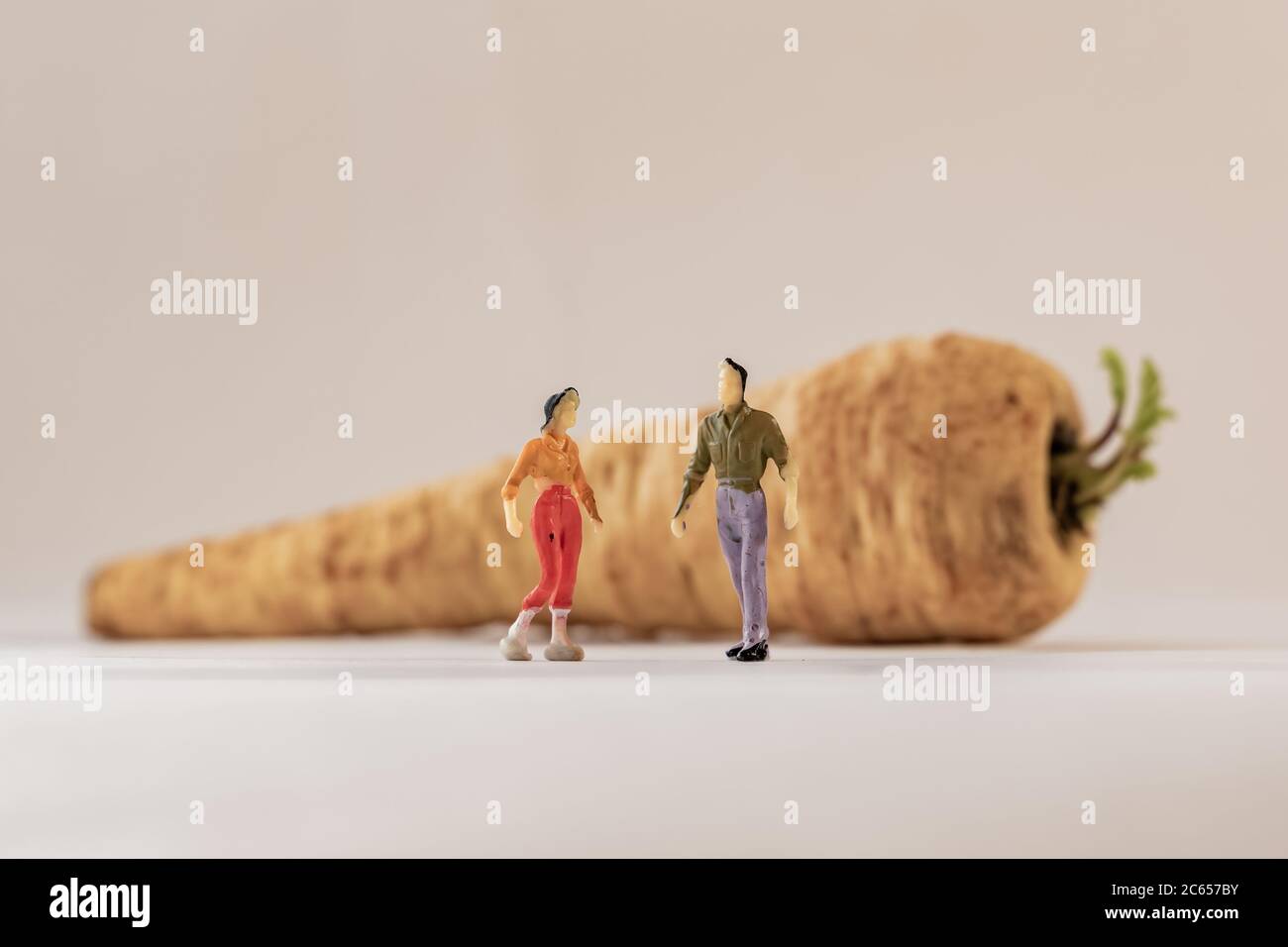 Miniature woman and man figure standing next to big parsnip. Shallow ...