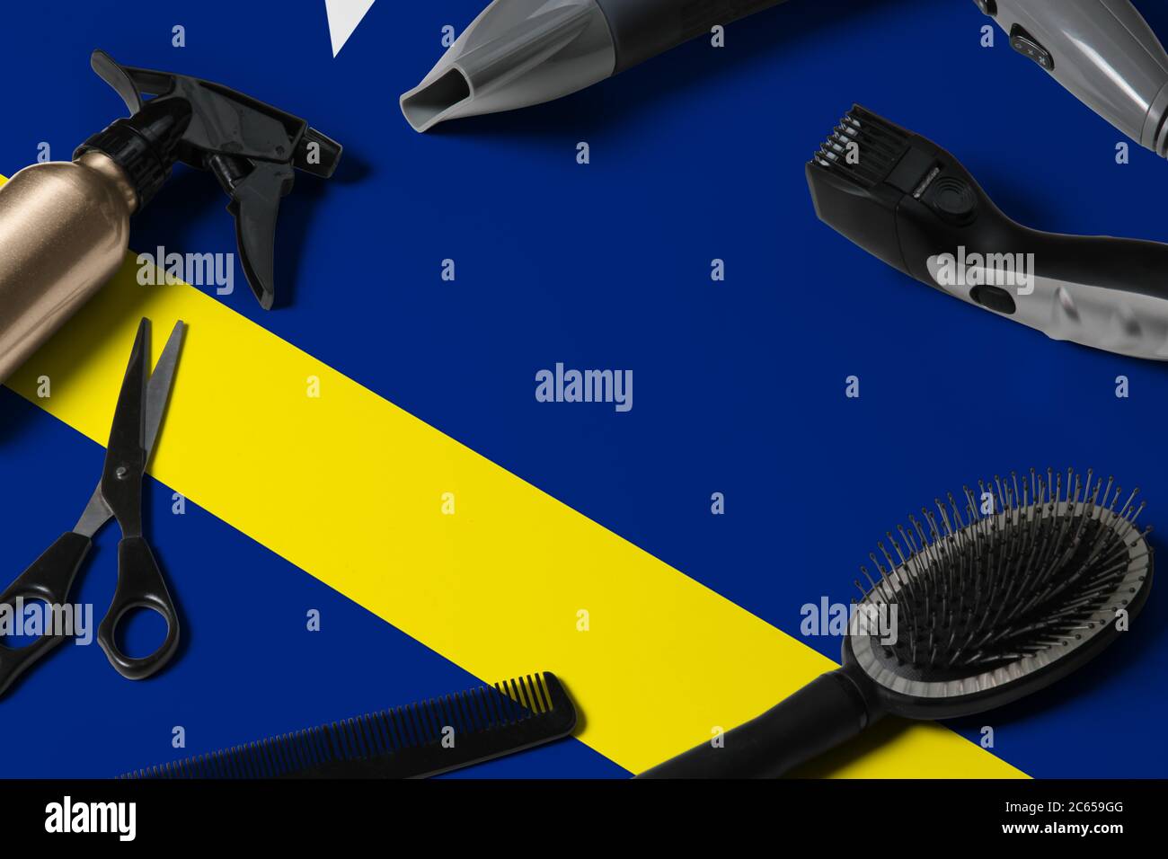 Curacao flag with hair cutting tools. Combs, scissors and hairdressing ...