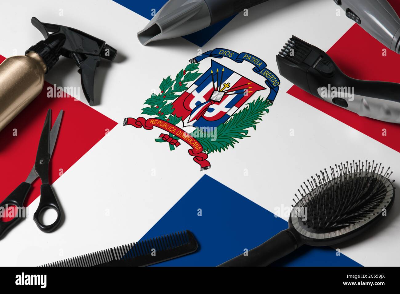 Dominican Republic flag with hair cutting tools. Combs, scissors and ...