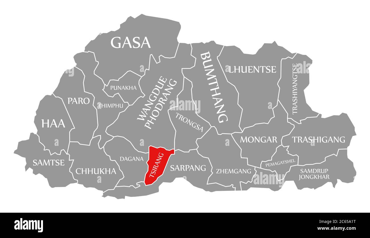 Tsirang red highlighted in map of Bhutan Stock Photo - Alamy
