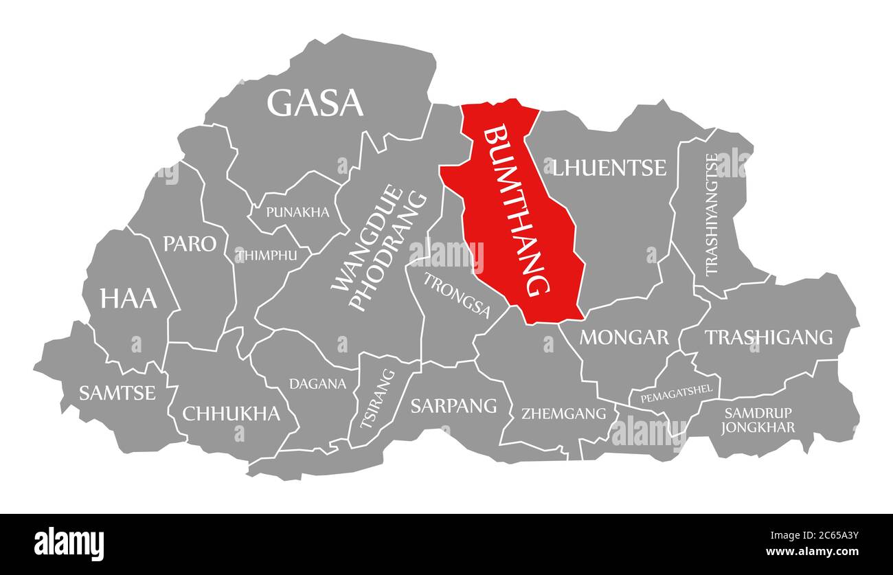 Bumthang red highlighted in map of Bhutan Stock Photo - Alamy