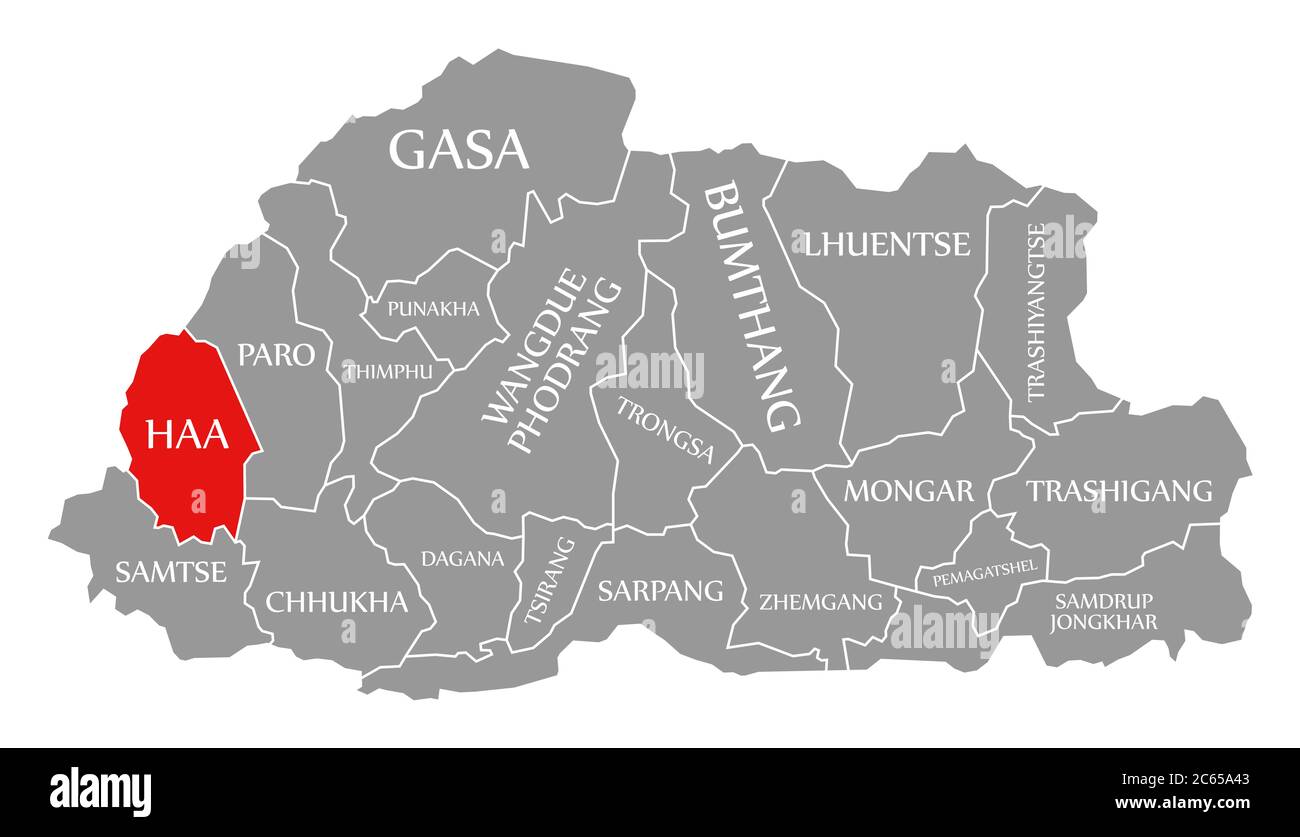 Haa red highlighted in map of Bhutan Stock Photo - Alamy