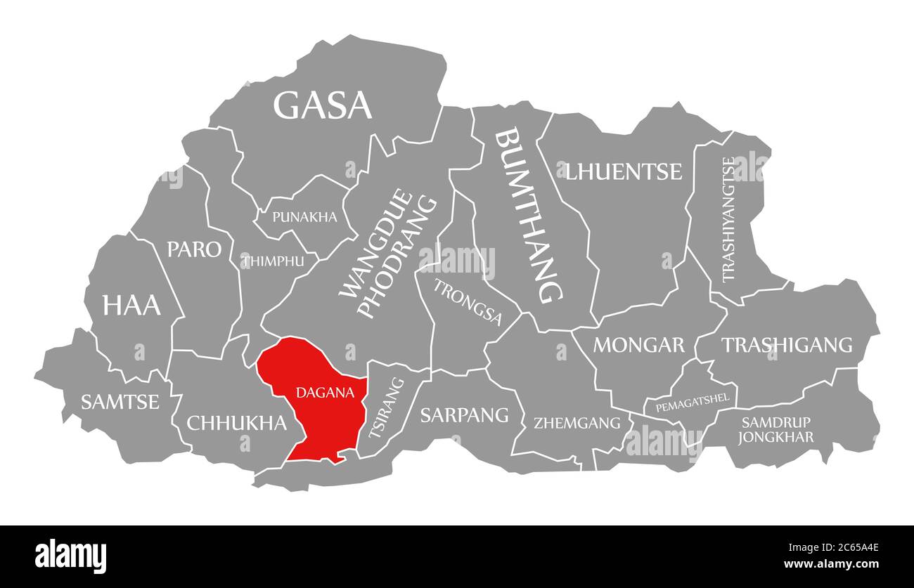 Dagana red highlighted in map of Bhutan Stock Photo - Alamy