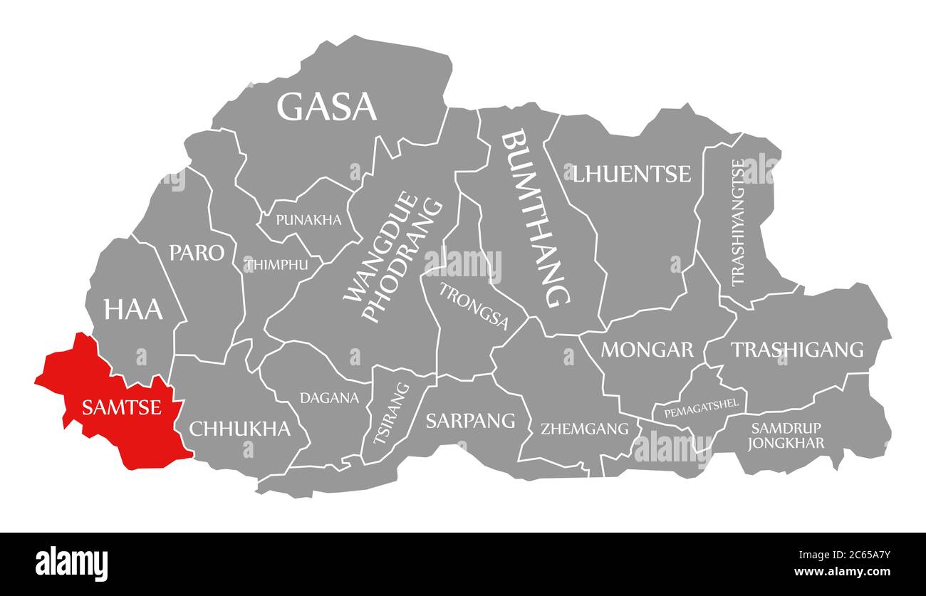 Samtse red highlighted in map of Bhutan Stock Photo - Alamy