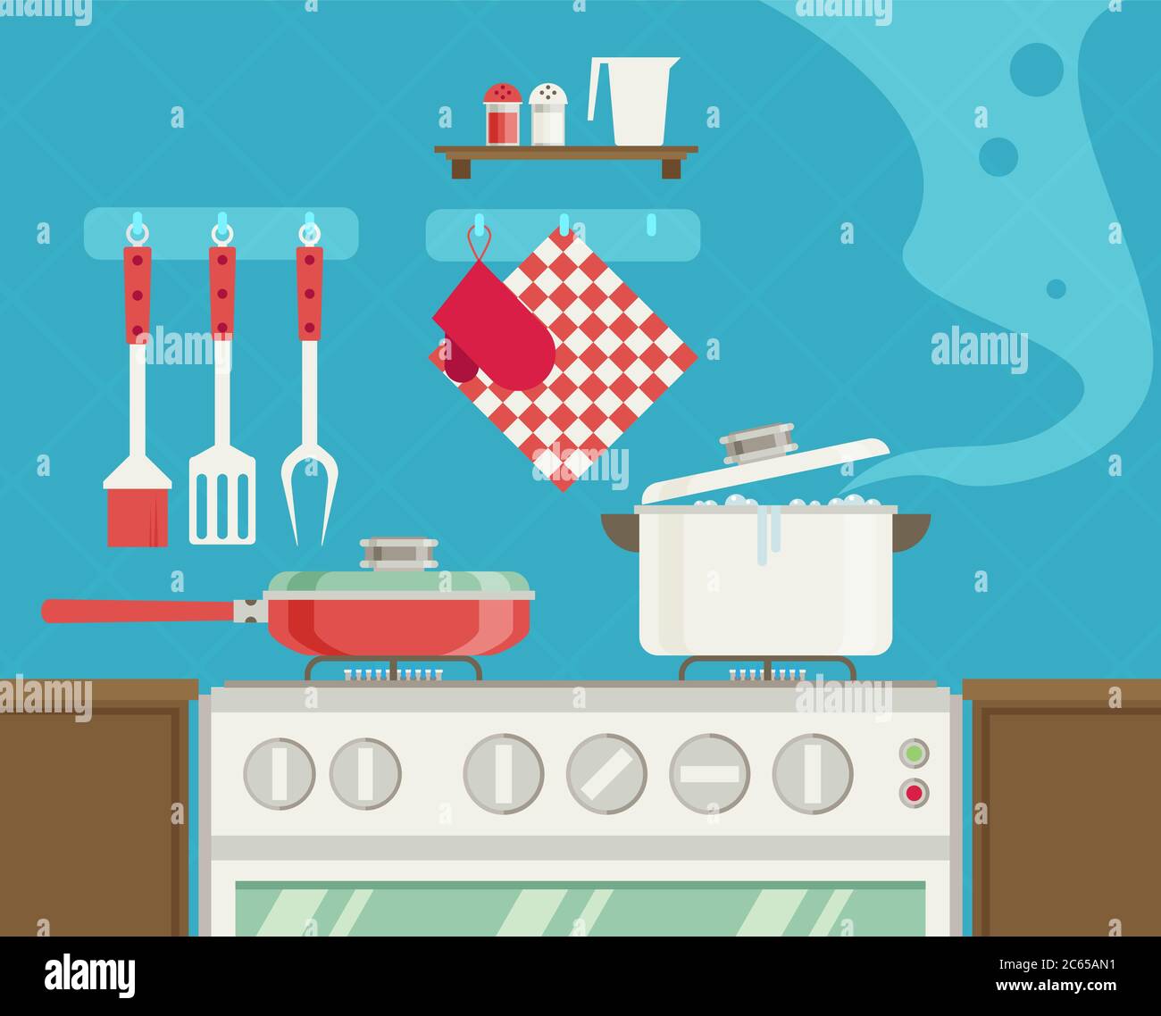 Interior of kitchen, pans on the stove, cooking. Vector illustration in ...