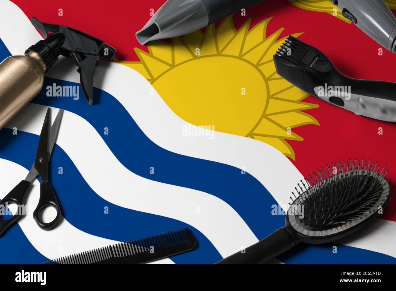 Kiribati flag with hair cutting tools. Combs, scissors and hairdressing ...