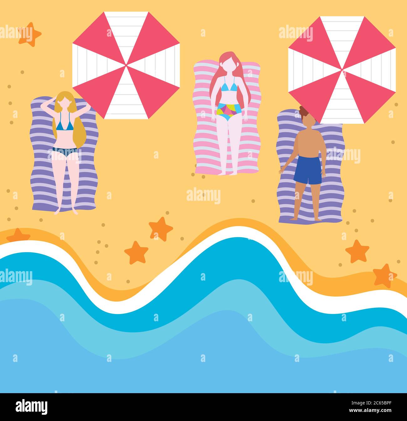 summer people activities, young women and man sunbathing on a beach ...