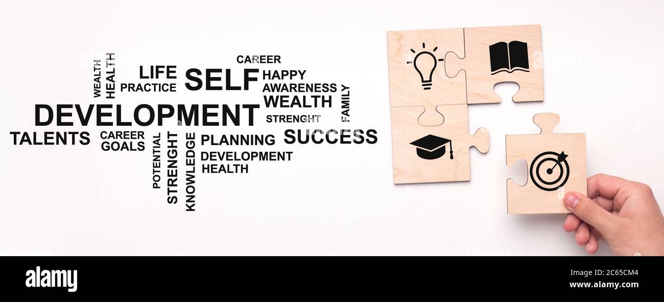 Hand Putting Puzzle Next To Self-Development Wordcloud, White ...