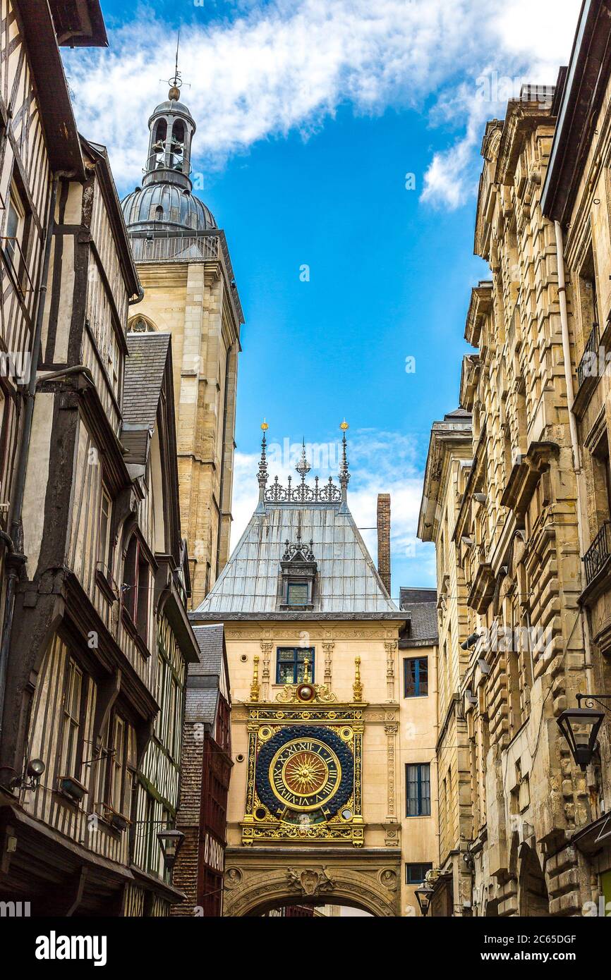 Clock in the Rue du Gros-Horloge in Rouen in a beautiful summer day ...