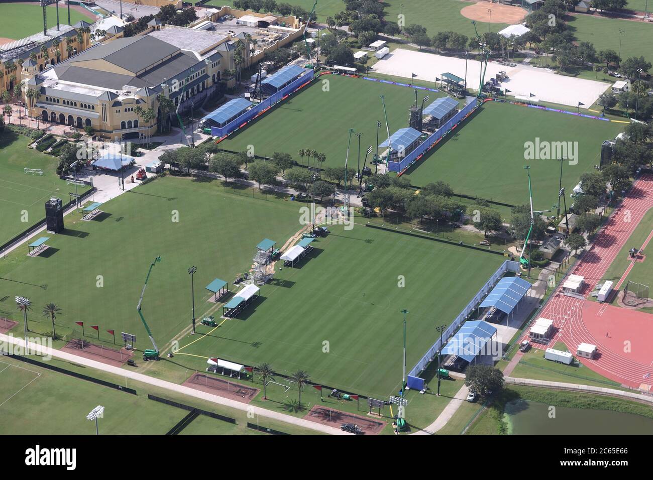 Orlando, FL, USA. 6th July, 2020. Aerial view of soccer field at Disney ...