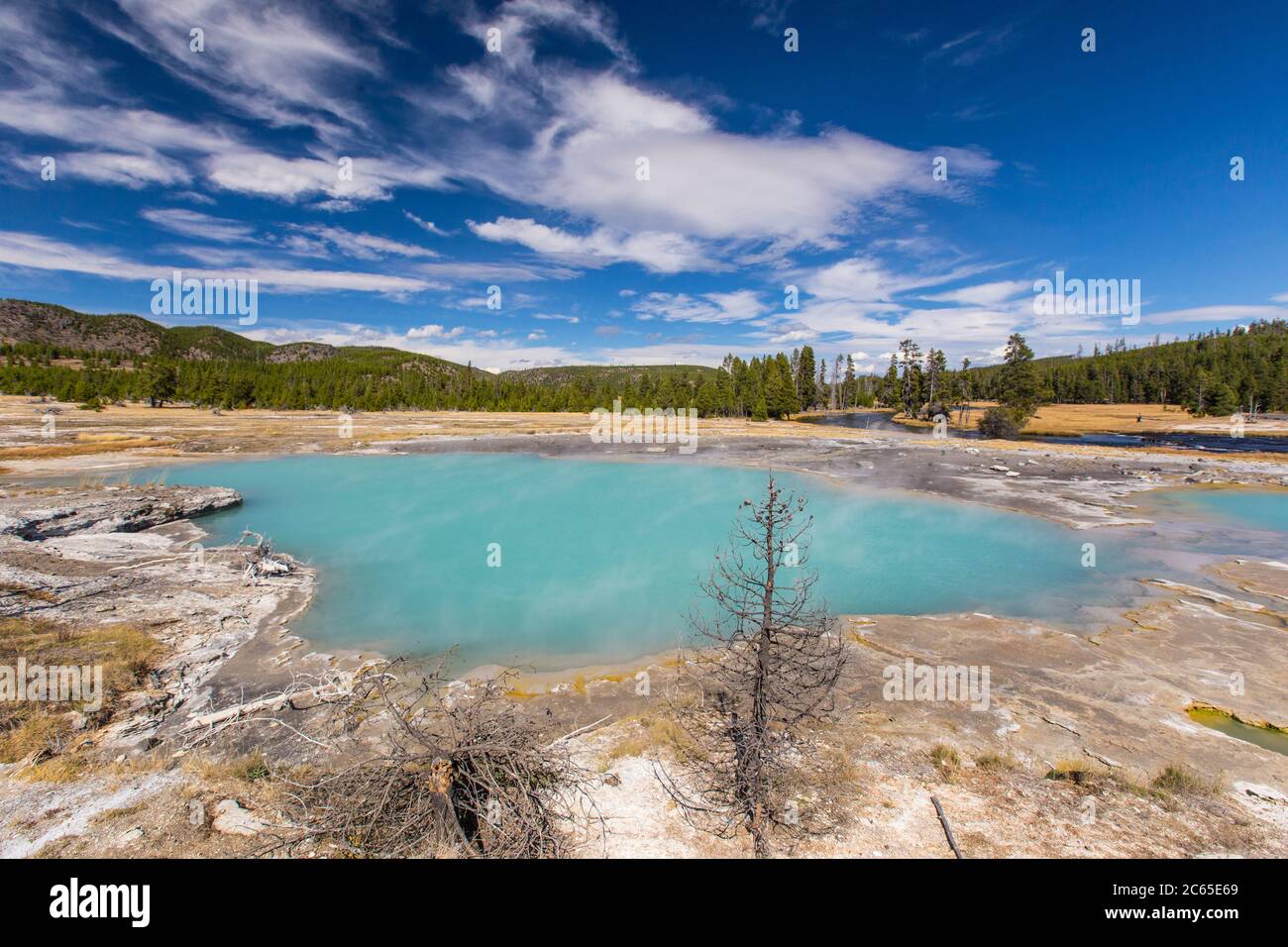 The colorful pools of hot springs in Yellowstone National Park, Wyoming ...