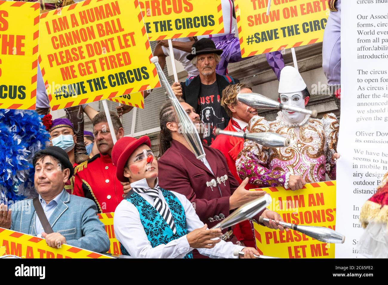 London, UK. 7th July, 2020. Circus performers protest asking for ...