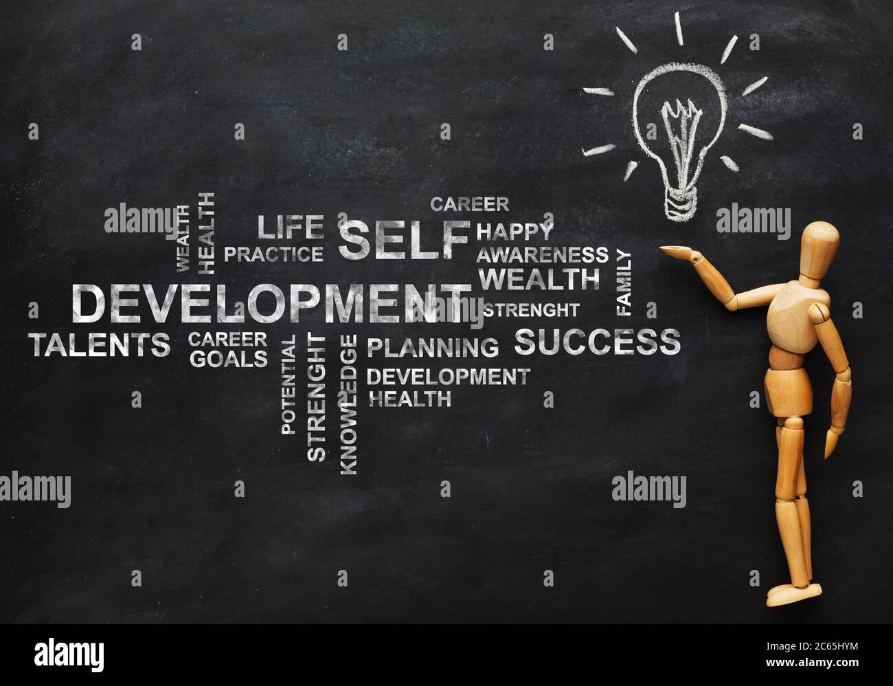 Wooden Man Pointing At Self-Development Wordcloud, Black Chalkboard ...
