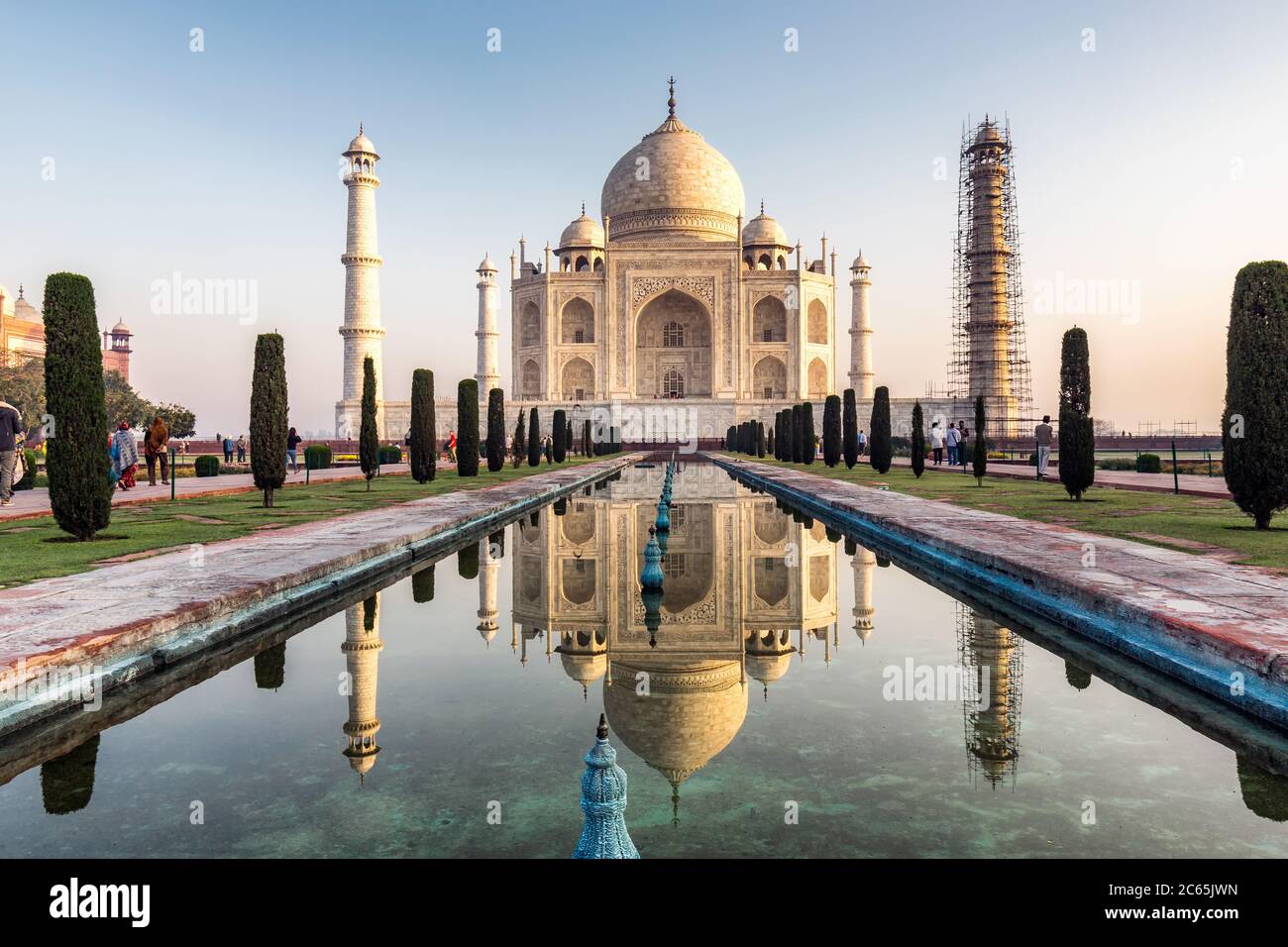 View of Taj Mahal with pool reflection in Agra India at sunrise Stock ...