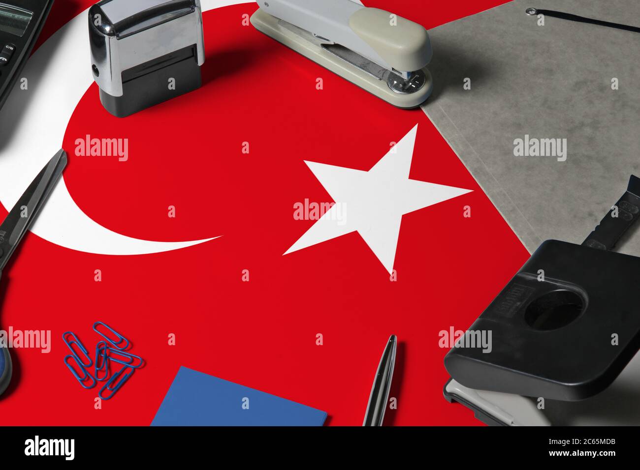 Turkey flag with office clerk workplace background. National stationary ...