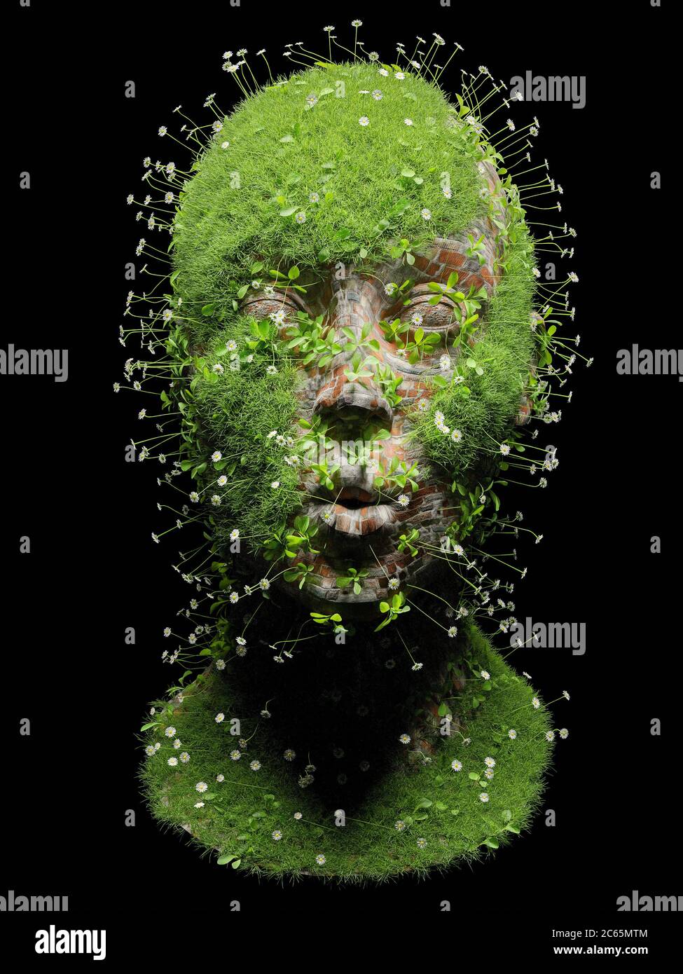 Grass and flowers growing on a human face with bricks for skin, 3D ...