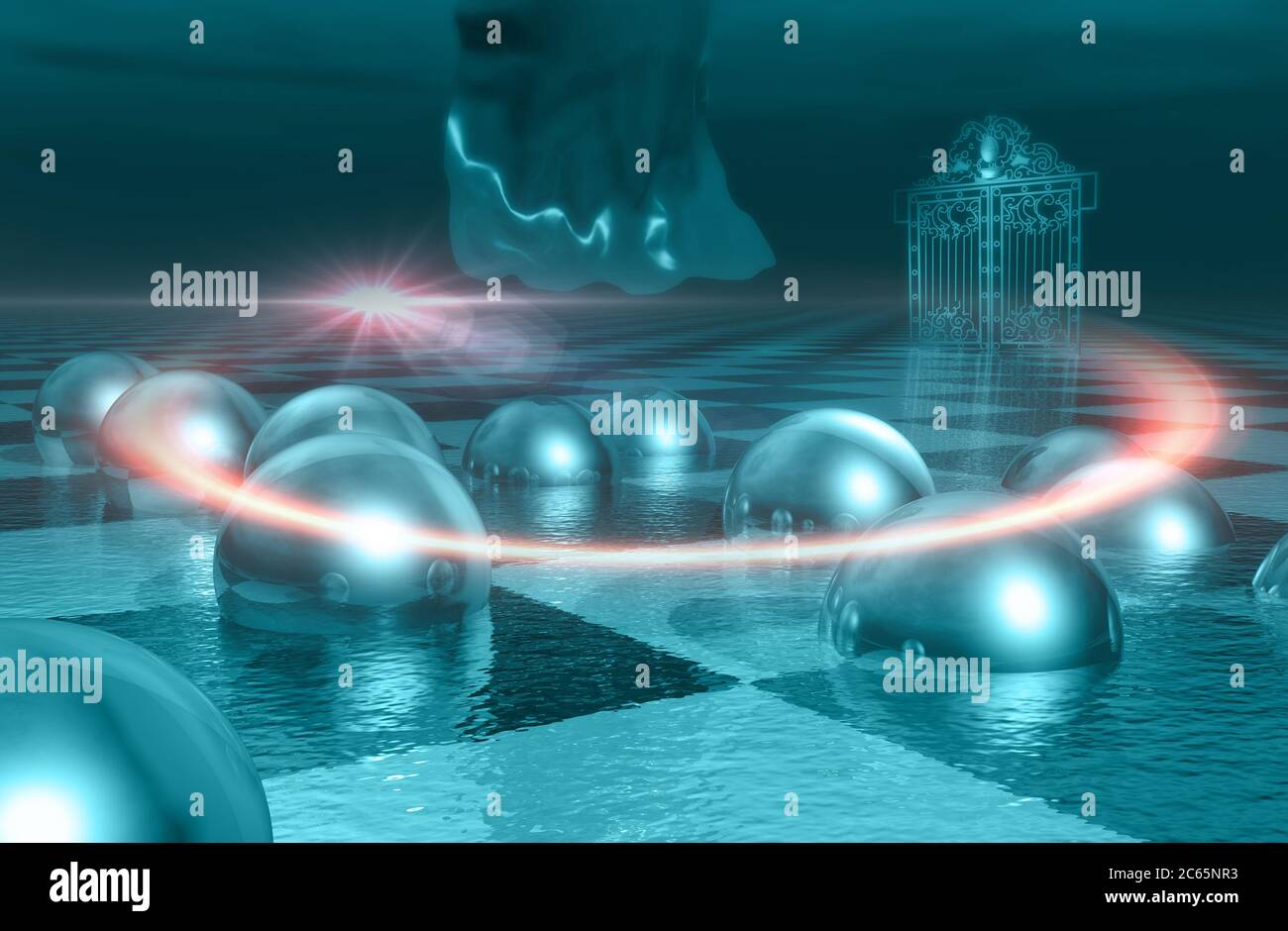 Checkered composition with door in background on blue background made ...