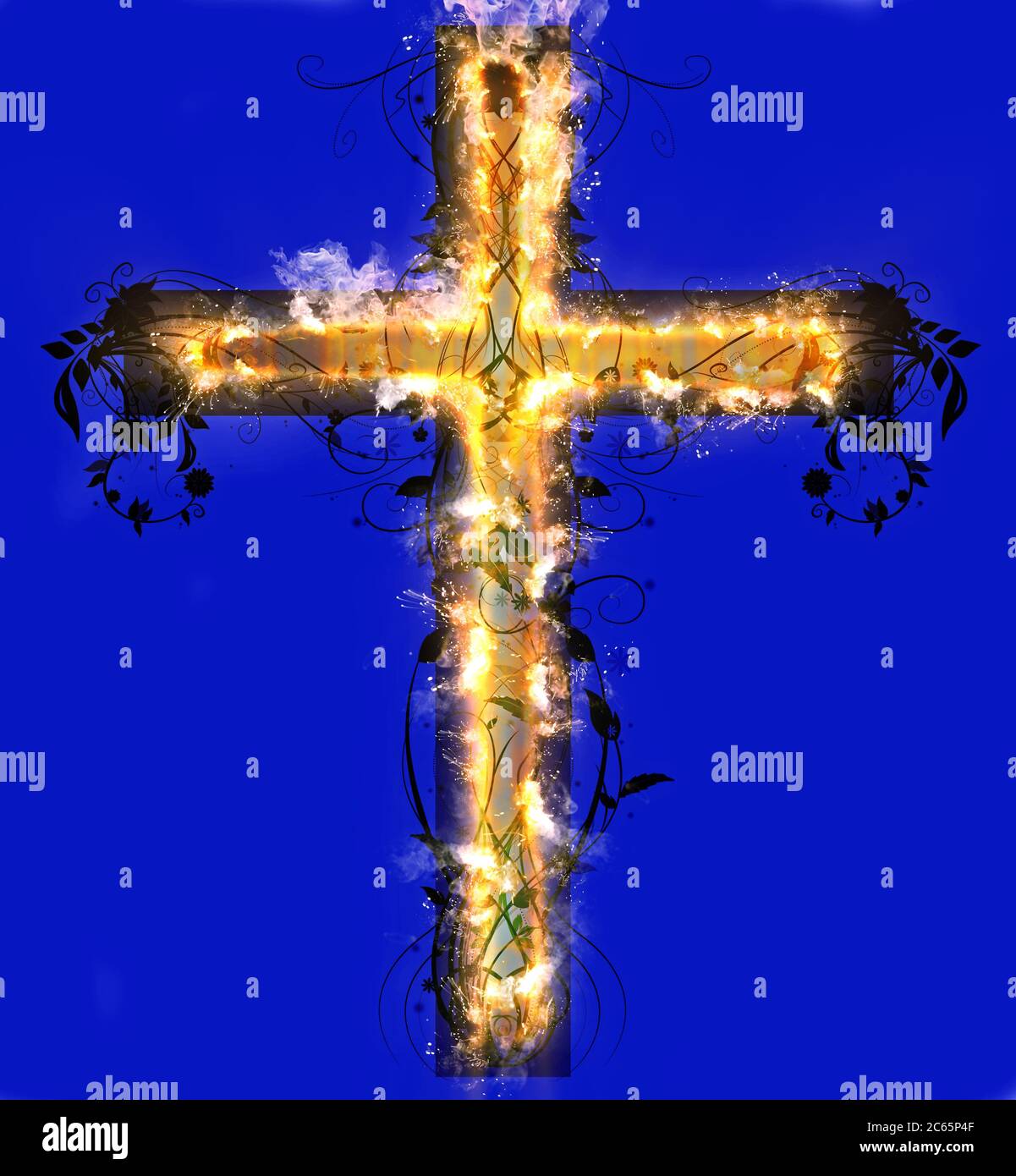 Floral Cross in fire on blue background made in 3d software Stock Photo ...