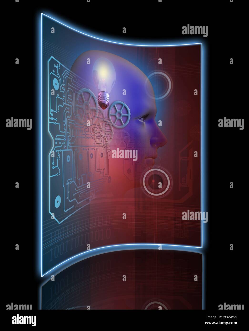 technology background in blue end red and profile of a man with gears ...