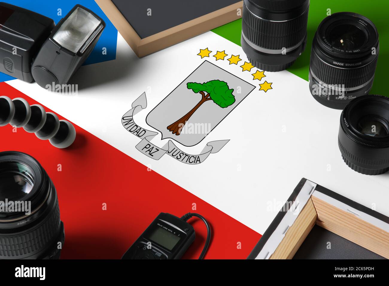 Equatorial Guinea national flag with top view of personal photographer ...