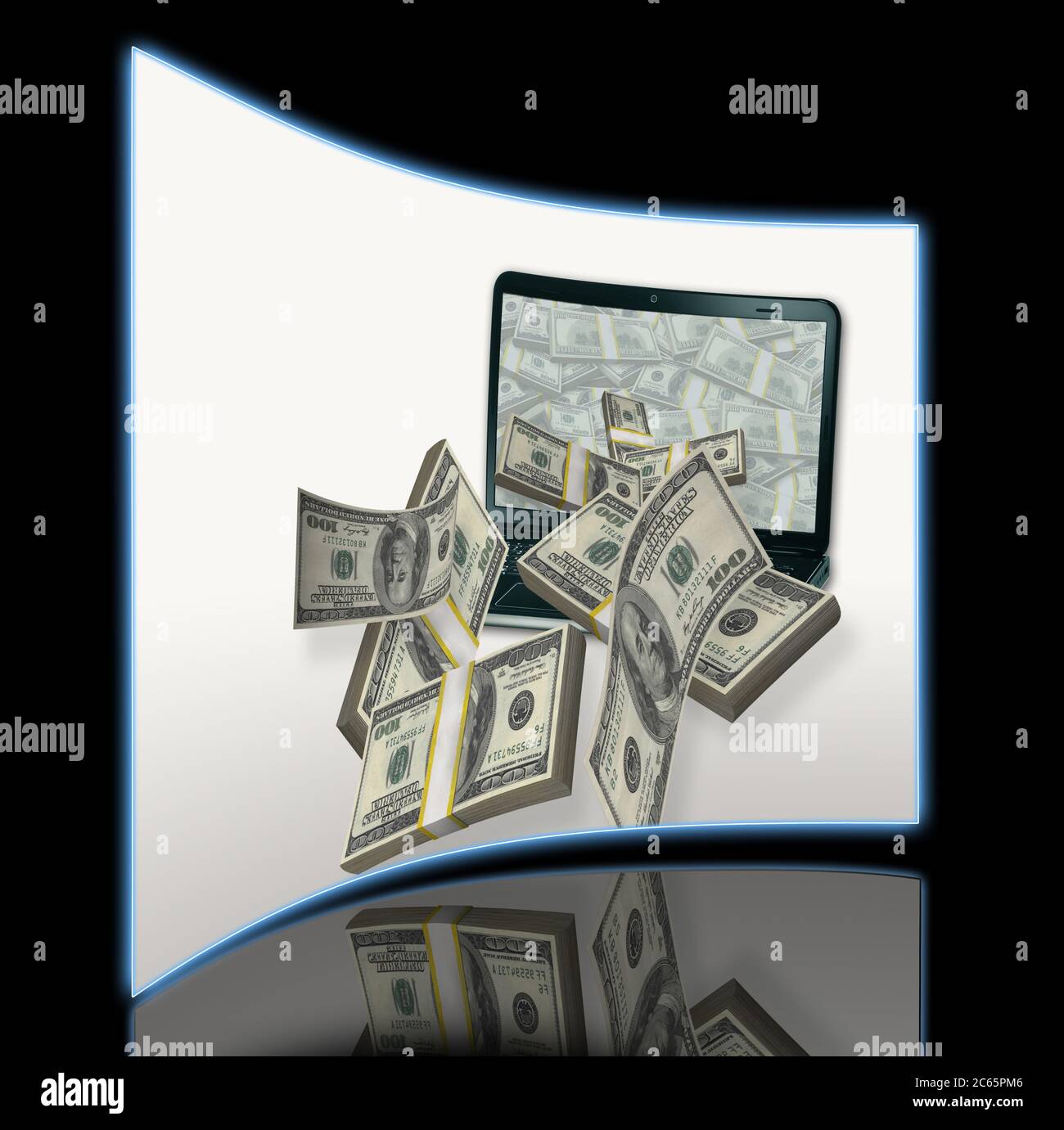 Money pouring out from a notebook computer Stock Photo - Alamy
