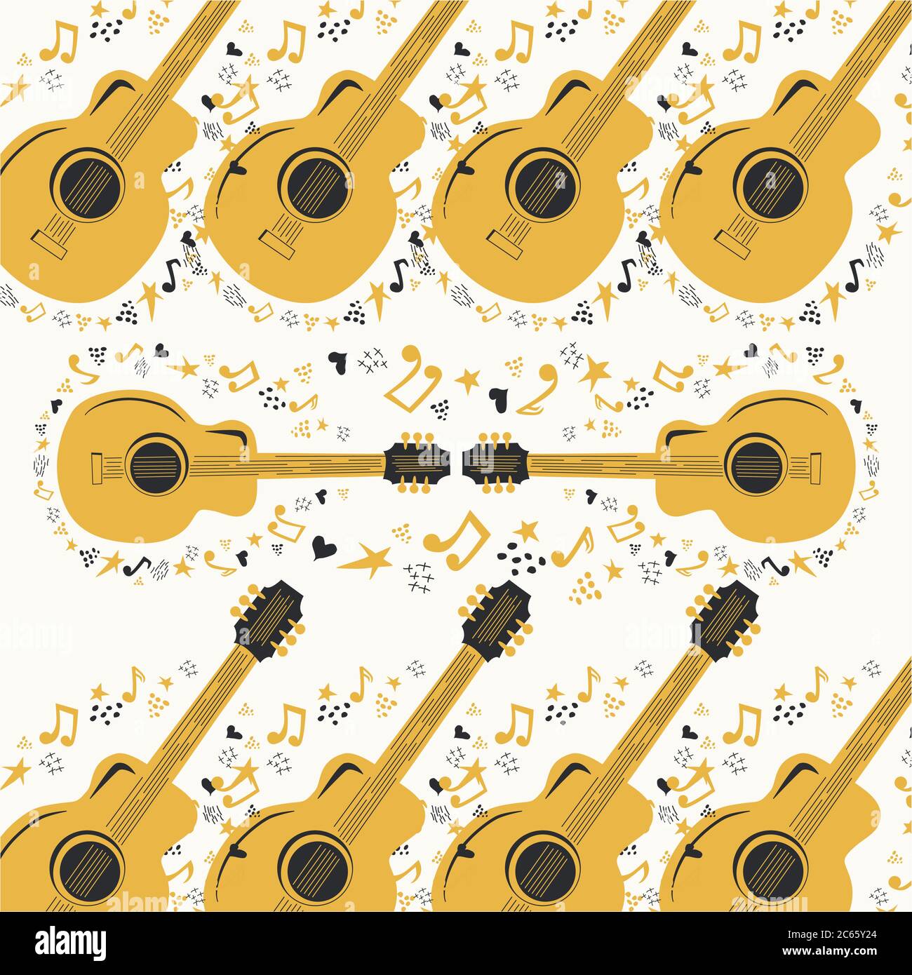 Hand-drawn musical seamless pattern with country guitar, stars, notes ...