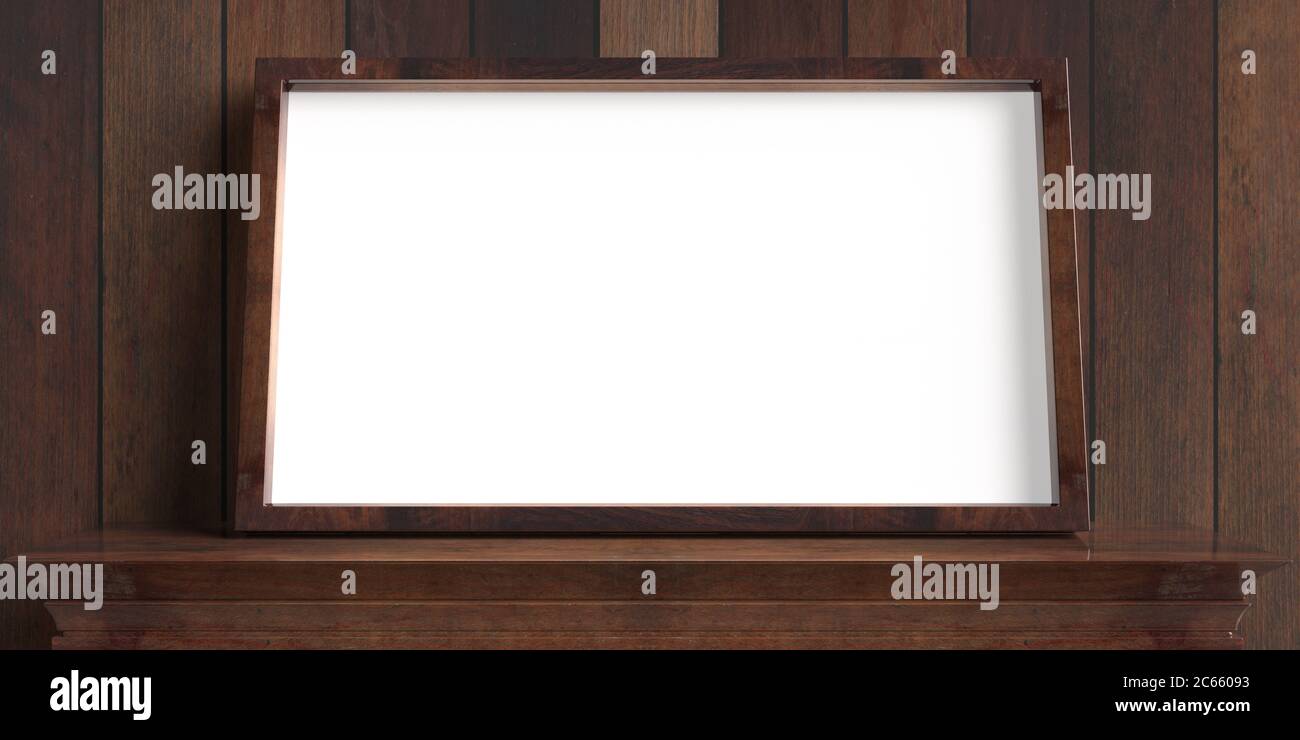 Photo frame on a shelf, wooden wall background. Picture frame blank ...