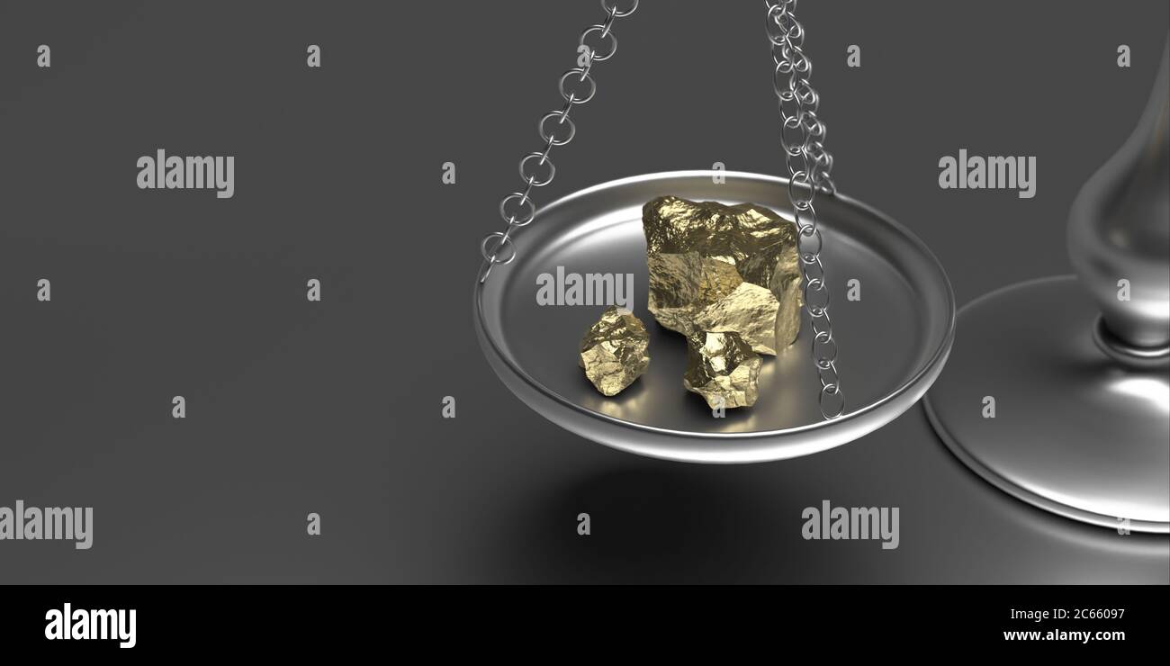 Luxury mineral measurement concept. Scale pan with shiny gold nuggets ...